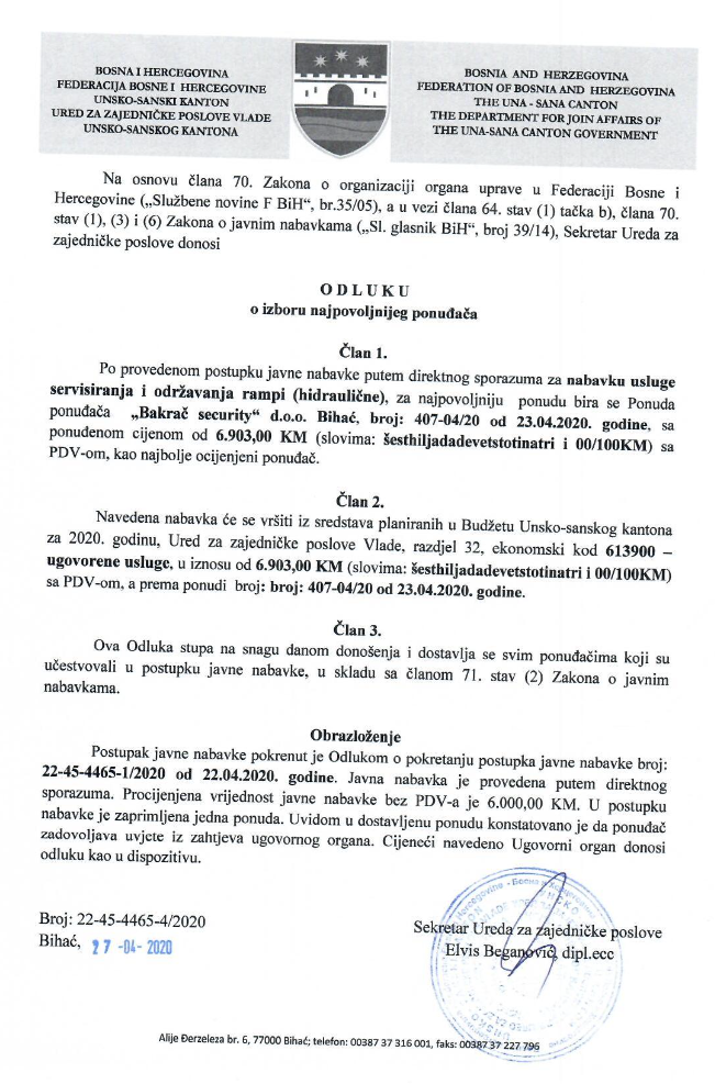 Odluka o izboru najpovoljnijeg ponuđača - VLADA USK